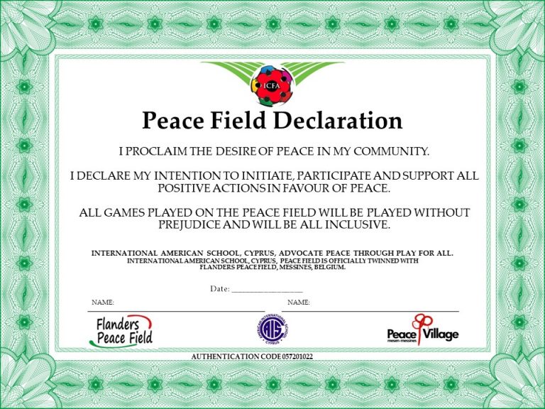 INTERNATIONAL AMERICAN SCHOOL DECLARATION CERTIFICATE – Peace Through Play